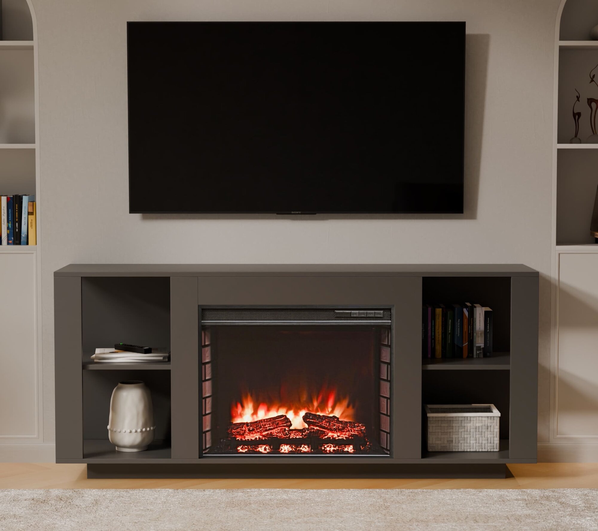 Камин электрический Style графит с очагом Rich 25.5, пульт ду, мультиколор, обогрев (тв-тумба)