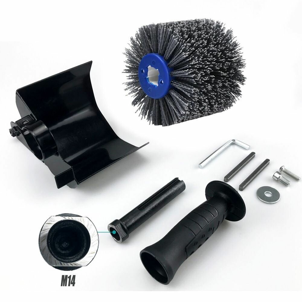 Защитный кожух, ролик, адаптер-вал М14, валик ( щетка ) нейлоновый для браширования Р80 * 1, ручка M14 Набор. Насадки для УШМ, болгарки для полирования, шлифования, браширования.