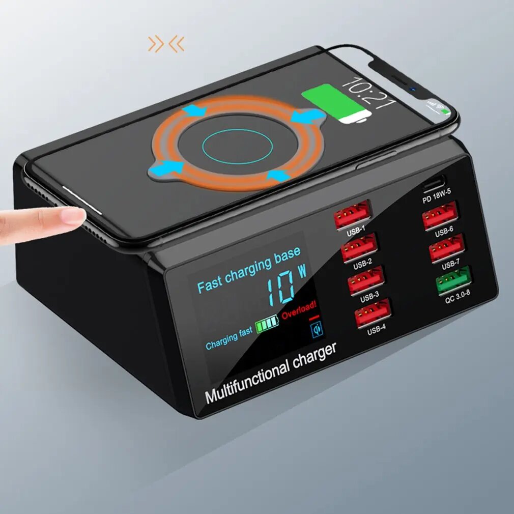 Зарядное устройство PD QC 3.0, 100 Вт, 8 портов, умная USB-зарядная док-станция с цифровым дисплеем, беспроводное быстрое зарядное устройство Qi для iPhone Samsung