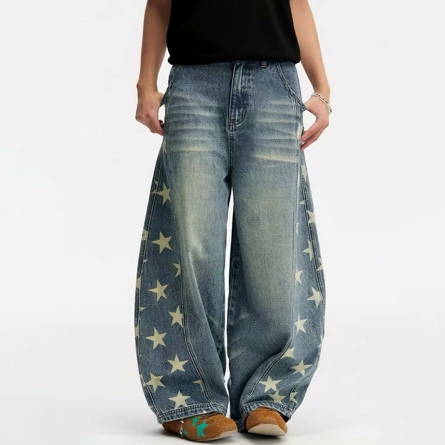 JYL Джинсы Мужские Буткют Винтажные Дизайн Свободные Широкие Длинные Деним, Размер_XXL