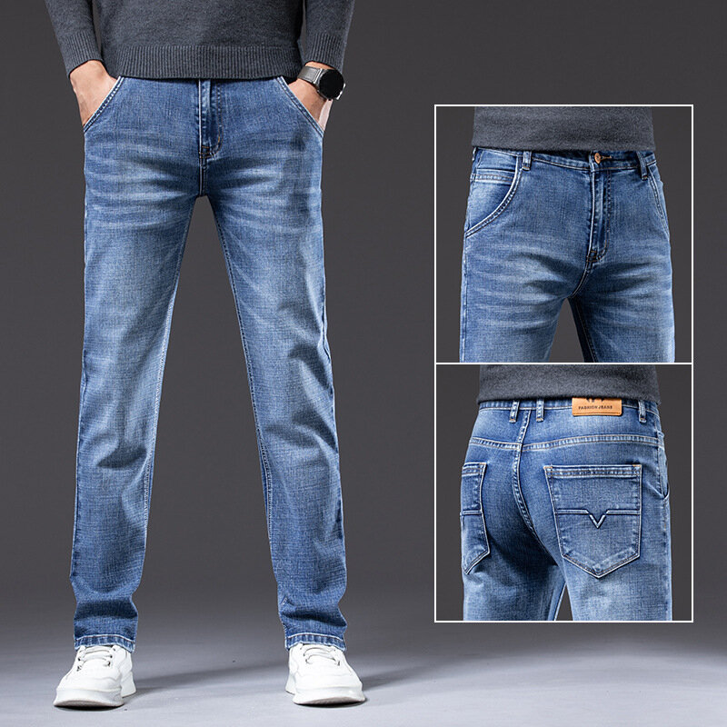 MON Мужские Джинсы Премиум Сине-Серые ВеснаЧистый цвет прямой Стрейт Деним, Размер_31