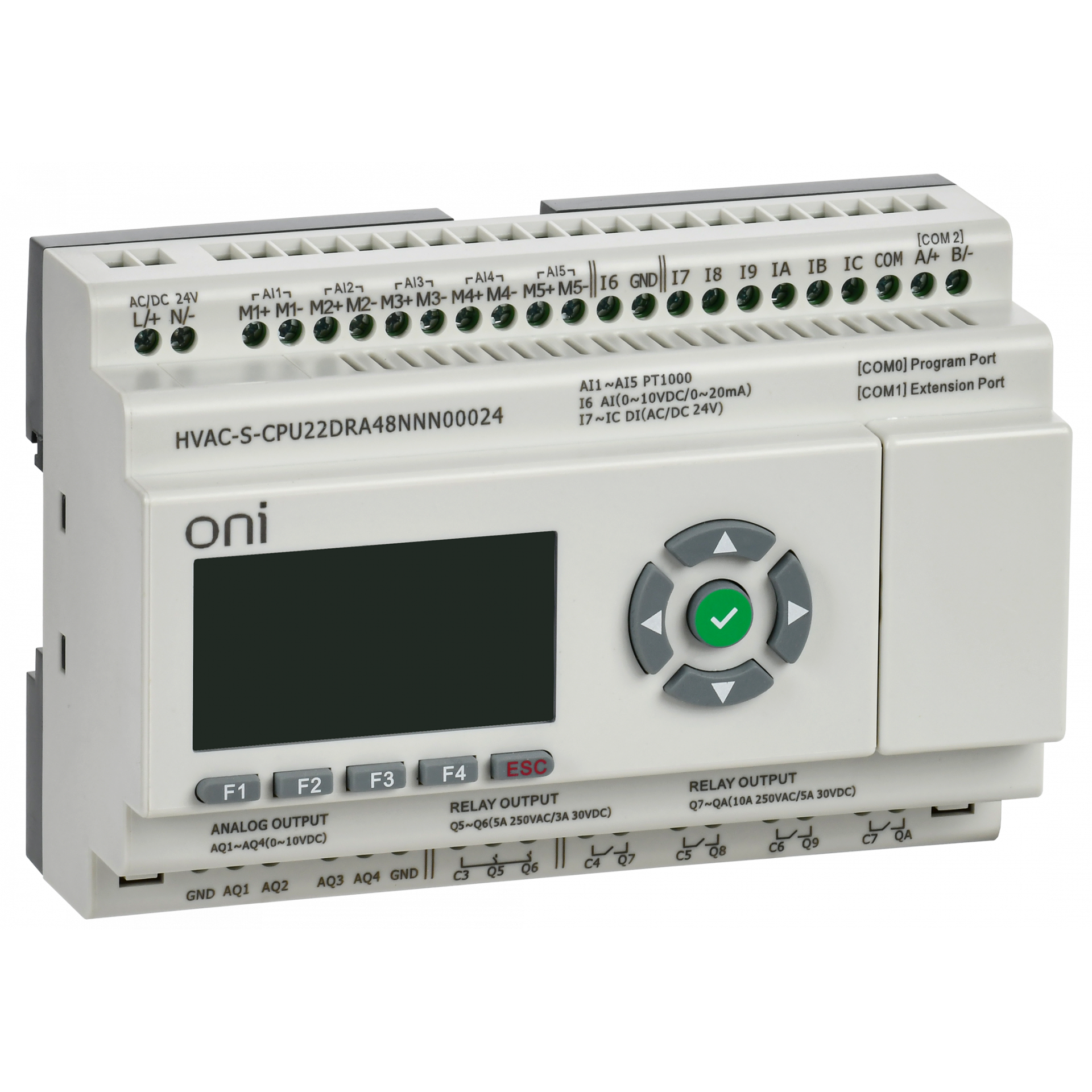 ПЛК HVAC S ЦПУ 6DI 6DO 1AI 5PT 4AO LED дисплей RS485 24В DC Расширяемая версия ONI, IEK HVAC-S-CPU22DRA48NNN00024 (1 шт.)