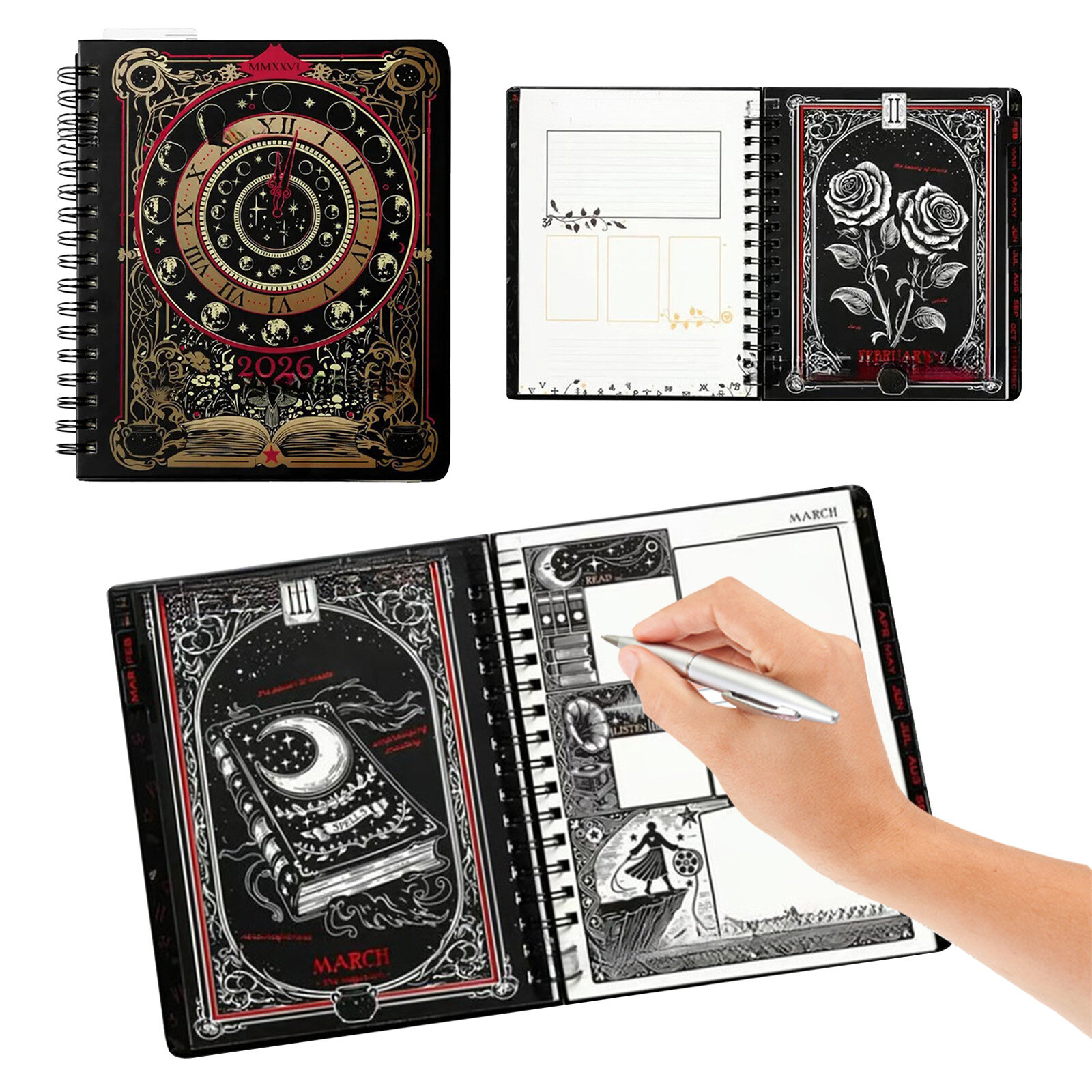 Планировщик на 2026 год: готический ежемесячный с ведьмой и Таро, часы