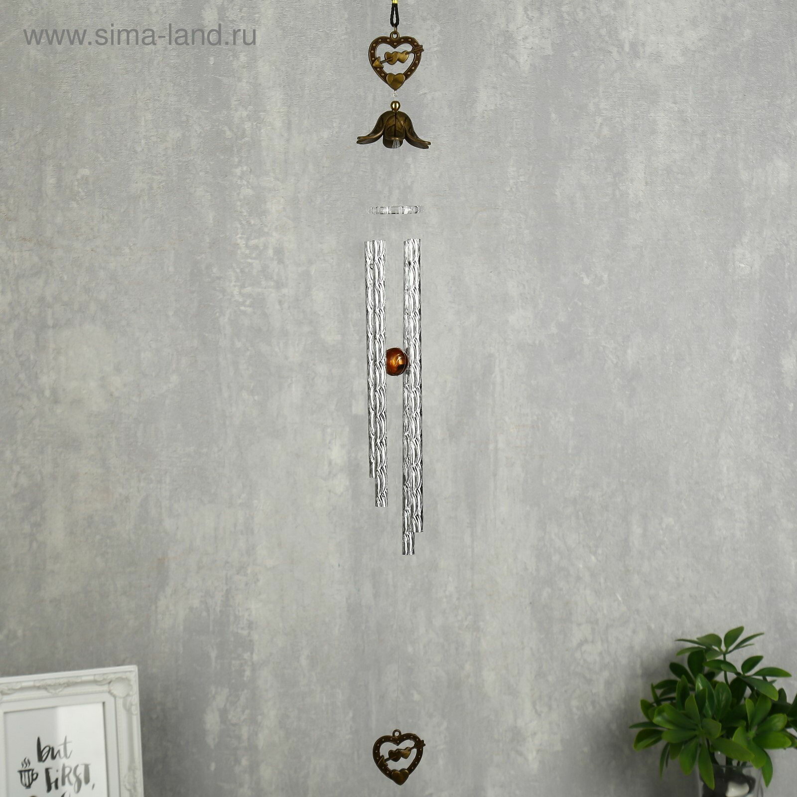 Музыка ветра "Двойное сердце со стрелой", металл, 4 трубочки, 56 см