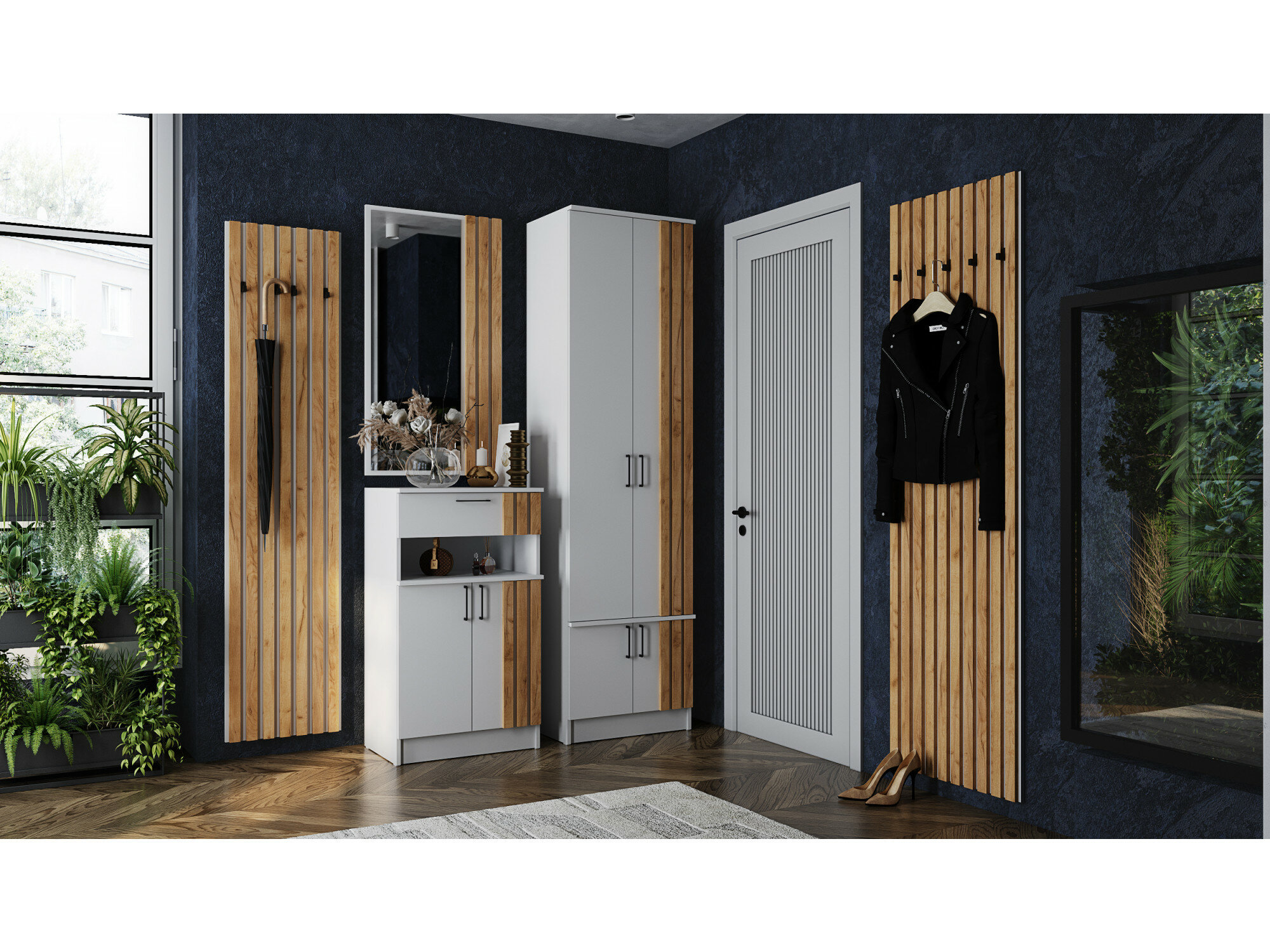 Модульная прихожая в современном стиле, набор 1, Белый/Крафт золотой