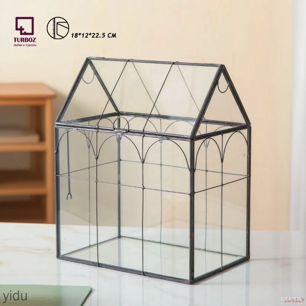 Ваза для флорариума, Флорариум Домик черный, геометрический, Turboz, высота 22.5 см, медный и стекло