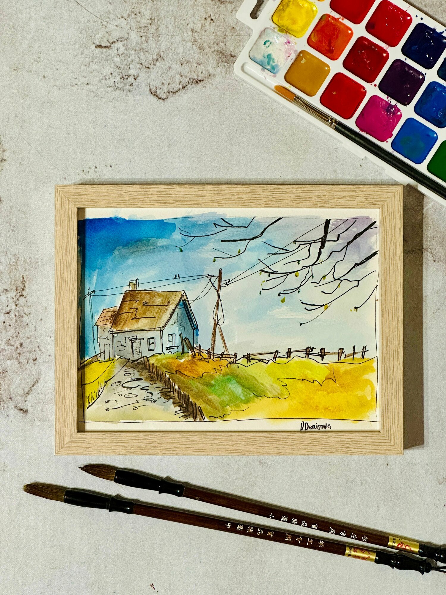 Картина акварельная в рамке "Одиночество в сети"