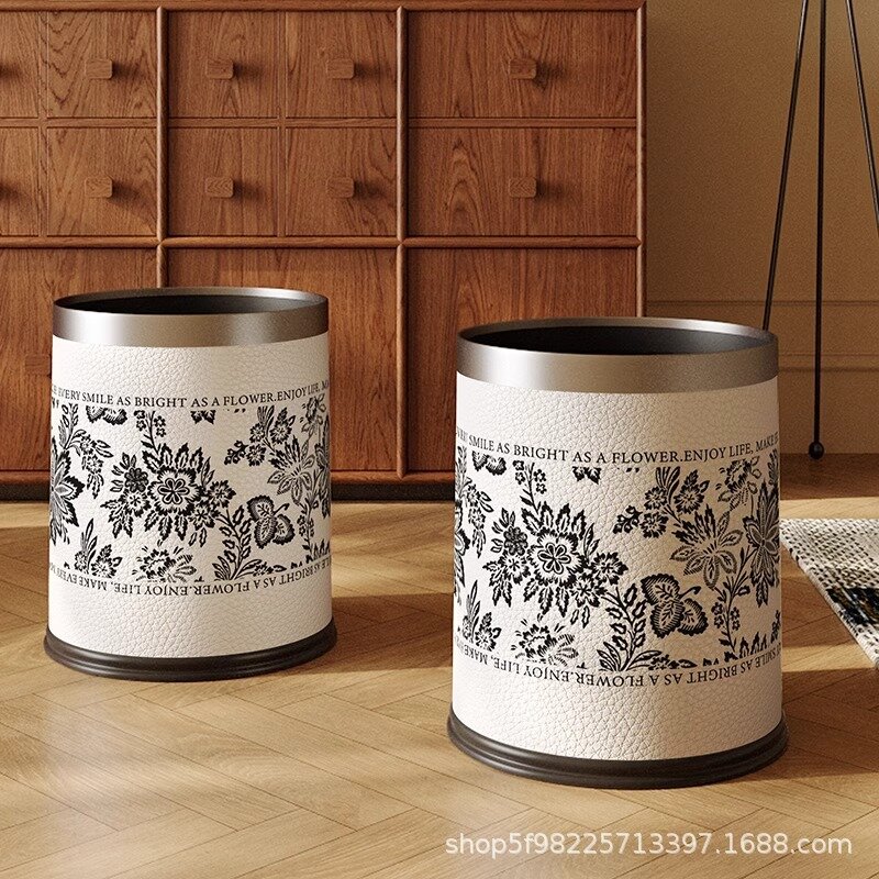 Кожаная мусорная корзина, высокая эстетика, для дома, гостиной, большая вместимость, спальня, высококачественная легкая роскошь, кухонная урна, двухслойная, без крышки