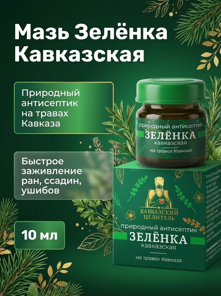 Мазь Зелёнка кавказская, природный антисептик на травах Кавказа для быстрого заживления ран и ссадин, 10 мл