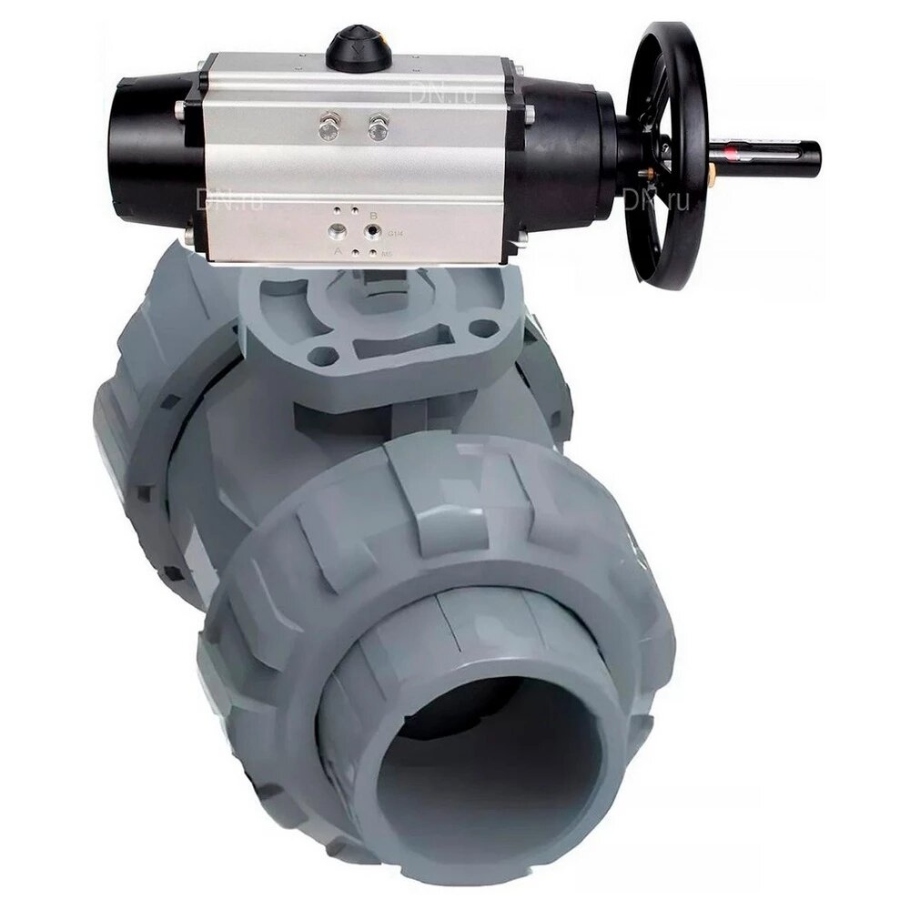 Кран шаровой DN.ru НПВХ-НПВХ-E-FP-GRM-ISO Дн100 Ру10 полнопроходной, корпус - НПВХ, шар - НПВХ, уплотнение - EPDM, с пневмоприводом DA-105-1 двойного действия со штурвалом