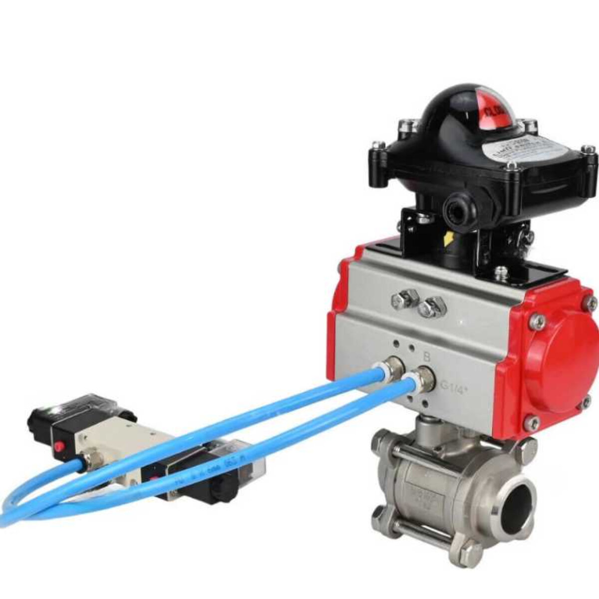 Кран шаровой DN.ru 316-316-PTFE-FP-W-ISO-H WDVF Ду20 Ру63 полнопроходной, трехсоставной, корпус - нержавеющая сталь 316, уплотнение - PTFE, под приварку, с пневмоприводом DA-052, пневмораспределителем PND1-S2EM-52-2-T10-220VAC, БКВ LSB-210-02NM12-220/24