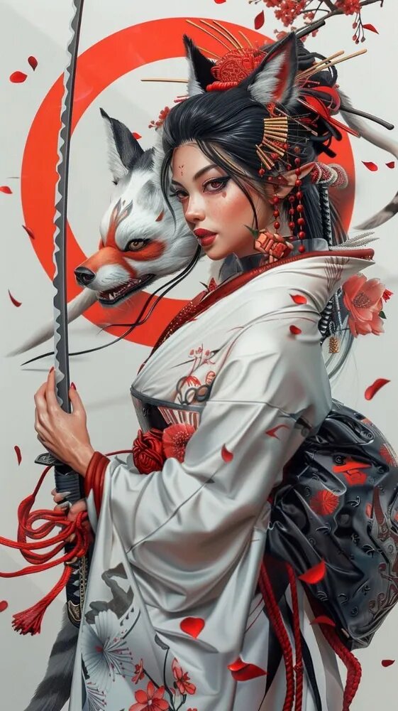 Алмазная Мозаика "Самурай Япония Гейша С Лисой Кицунэ" 40X50 См Алмазная Вышивка / Картина Стразами Подарков /Украшения