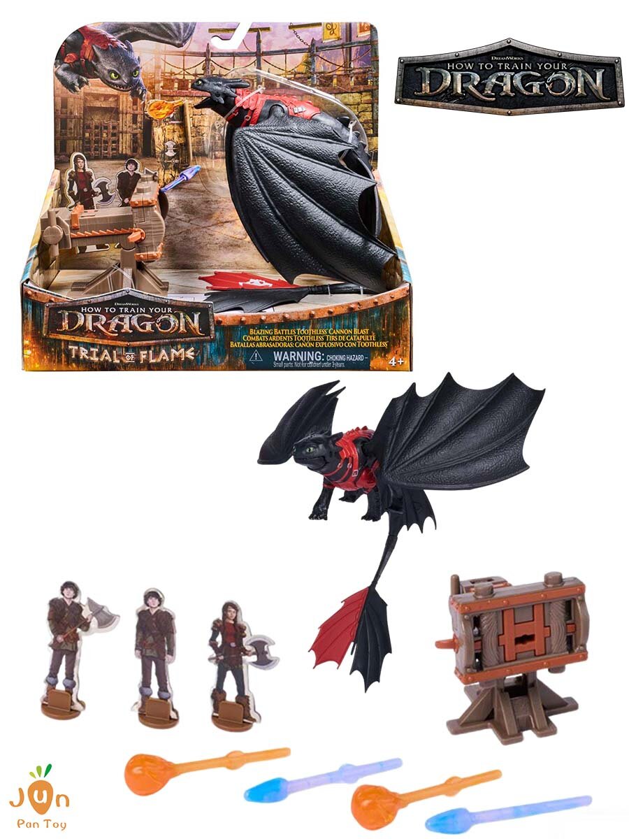 Аниме-фигурки How To Train Your Dragon Trial of Flame Blazing Battles Toothless Cannon Blast / Игрушечный набор боевой катапульты для дрессировки драконов со скульптурой беззубика и аксессуарами