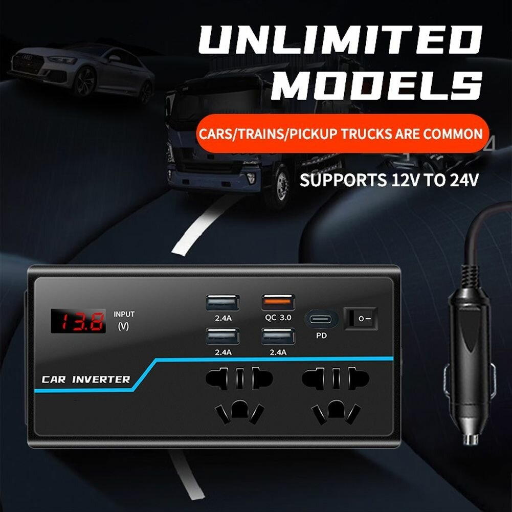Автомобильный инвертор 200 Вт 12–24 В в 110/220 В с USB, PD и QC3.0 — конвертер питания и розетка в авто