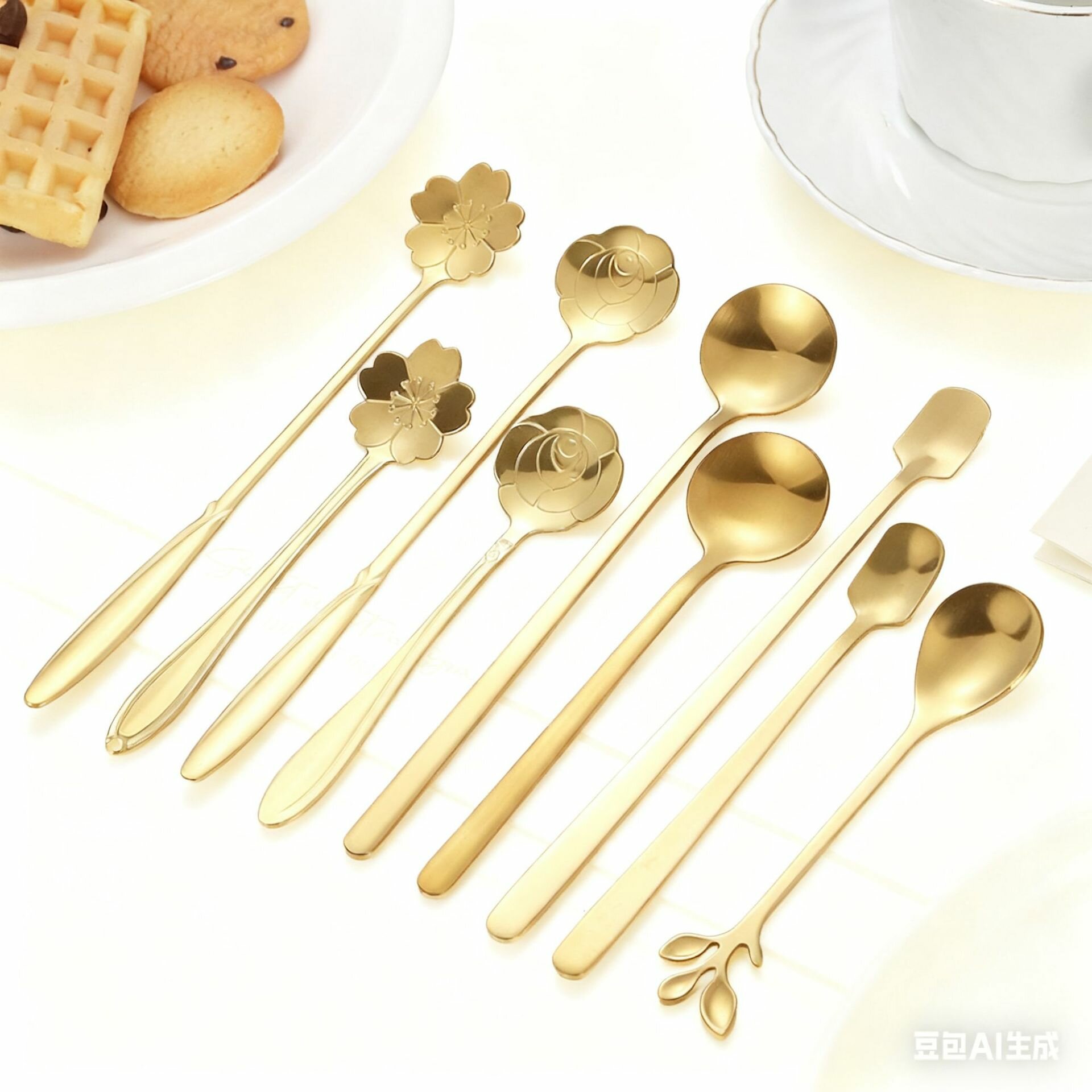 Ложка из нержавеющей стали сакура, различные ложки для перемешивания, листовая ложка, золотая маленькая круглая ложка, короткая ручка, кофейная ложка, длинная ручка, ложка для кружки