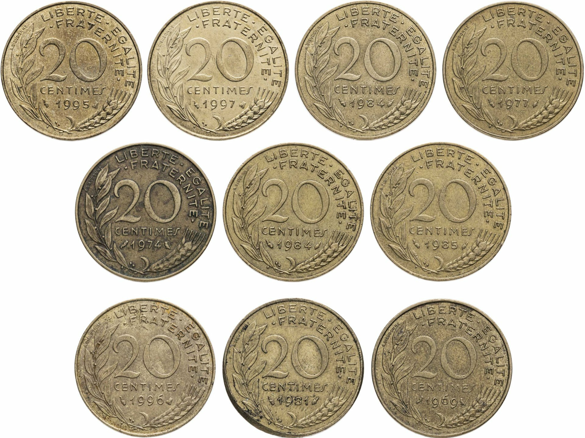 Франция 20 сантимов centimes 10 шт 1969-1997, Бронза, в сохранности XF-AU