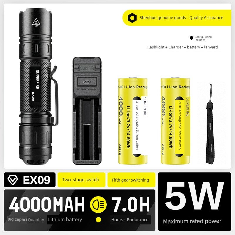 EX09 Набор с двойным аккумулятором LED-фонарик: 2x4000 мАч, 7 часов работы, портативный наружный фонарь