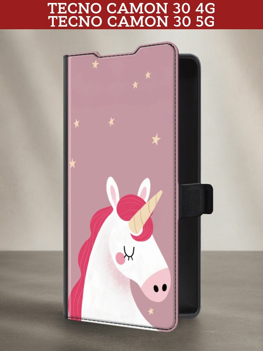 Чехол-книжка на Tecno Camon 30 4G/Tecno Camon 30 5G / Текно Камон 30 4G/Камон 30 5G с принтом Сказочный единорог, черный