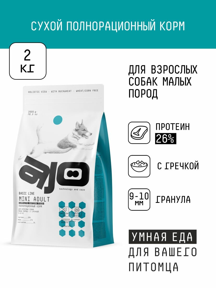 Сухой корм AJO Dog Mini Adult с гречкой для взрослых собак малых пород 2 кг