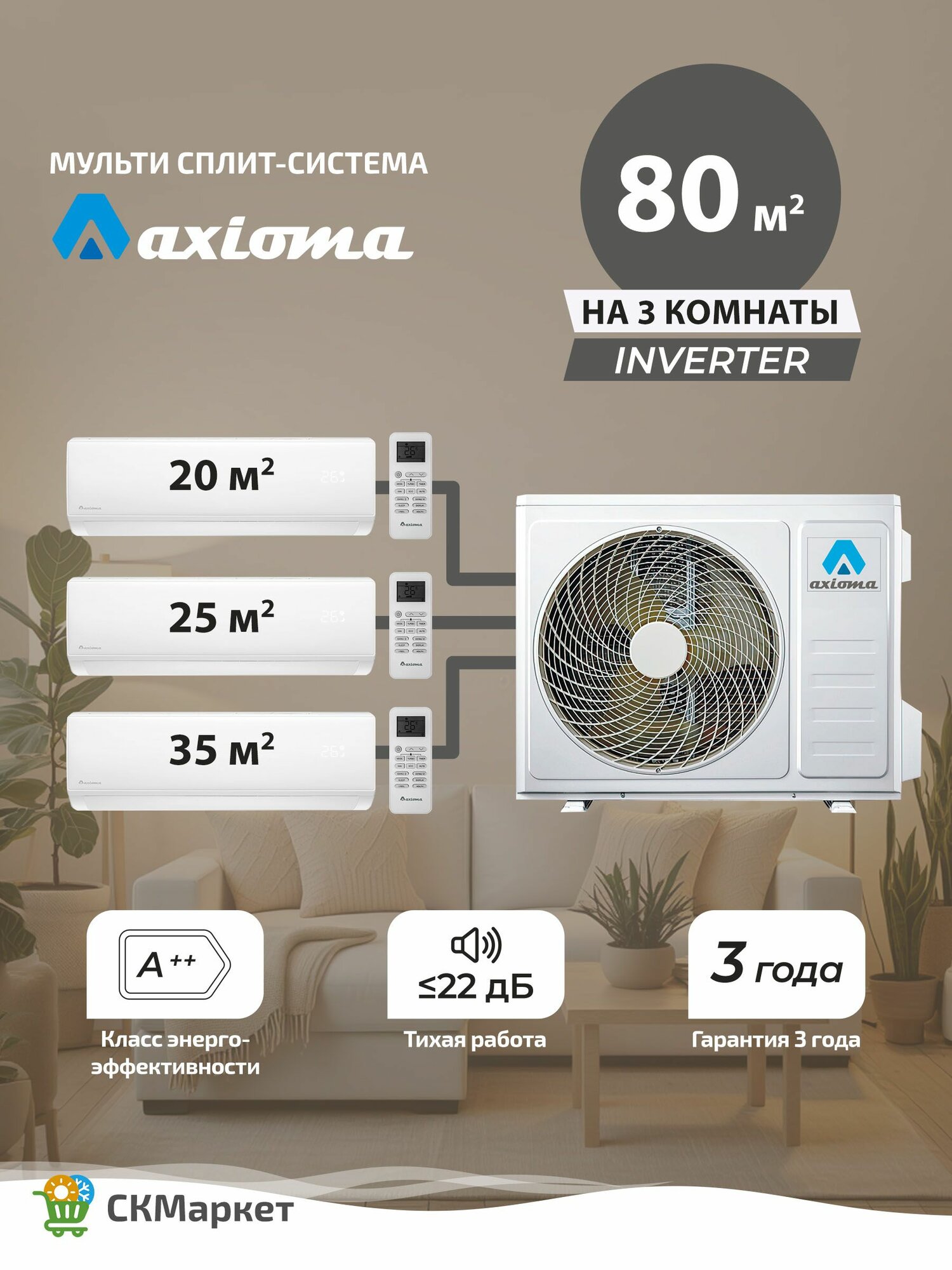 Мульти сплит система на 3 комнаты (20+20+35) кв. м. AXIOMA ASX07+ASX09+ASX12/ASB27M3Z1R1, кондиционер инверторный для помещений 80 кв. м.