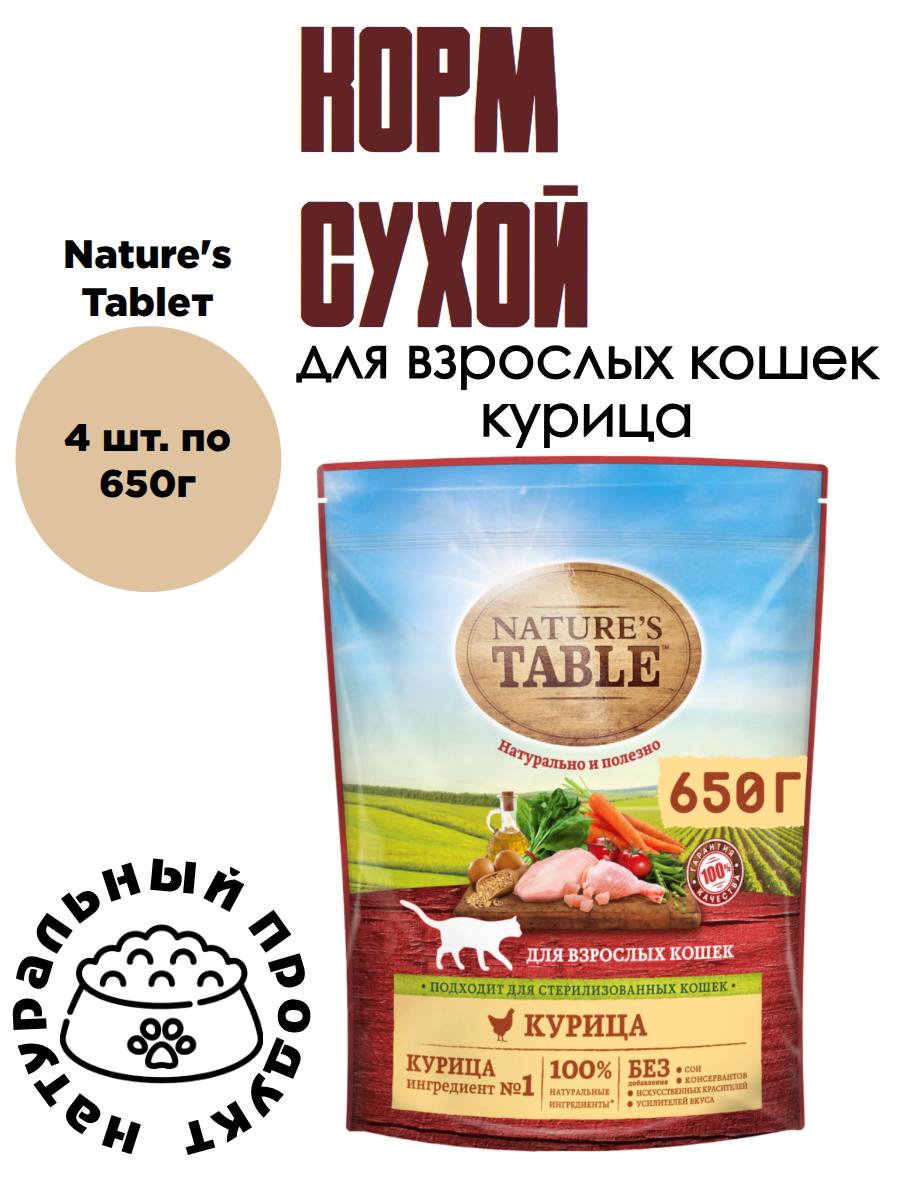 Корм сухой Nature's Table для взрослых кошек курица, 650г х 4 шт.