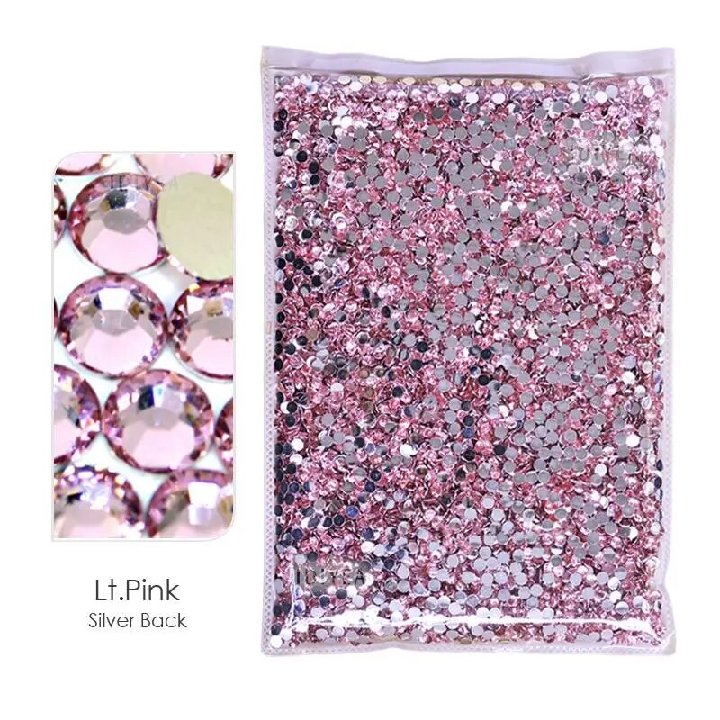 Стразы плоские розовые Lt.Pink, Silver Back 2-6 мм