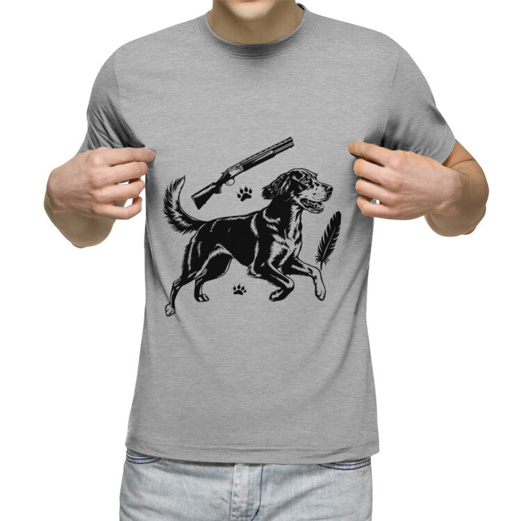 Мужская футболка «Сеттер на охоте с ружьём» (серый меланж, S)