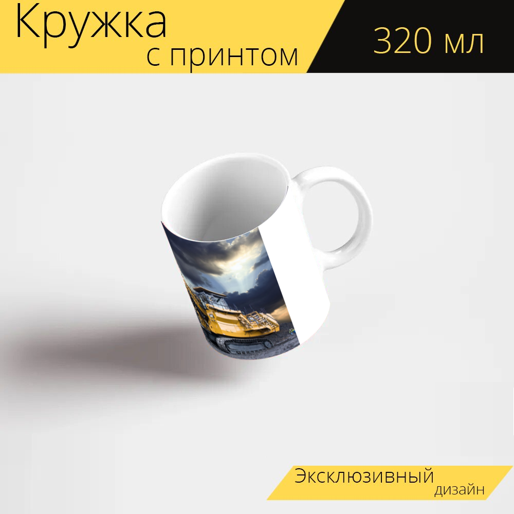 Кружка с рисунком, принтом "Большой гидравлический экскаватор, кот, гусеница" 320 мл.