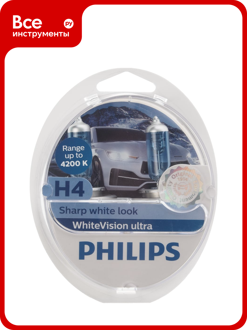 Автолампа PHILIPS H4 60/55 P43t-38 WhiteVision ultra 4200K 2шт+2шт W5W 12V 12342WVUSM галогенная низковольтная лампа