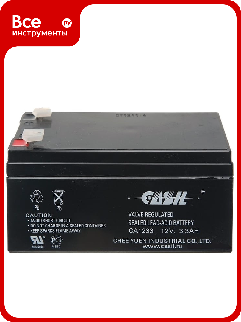 Аккумуляторная батарея CASIL CA1233 AGM 12В 3.3Ач с прямой полярностью, пусковой ток 9.9А, размеры 134x67x60 мм, вес