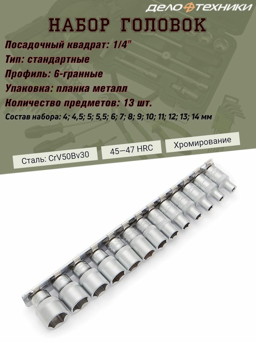 Набор головок Дело Техники, 1/4", 6-гранные, 13 предметов
