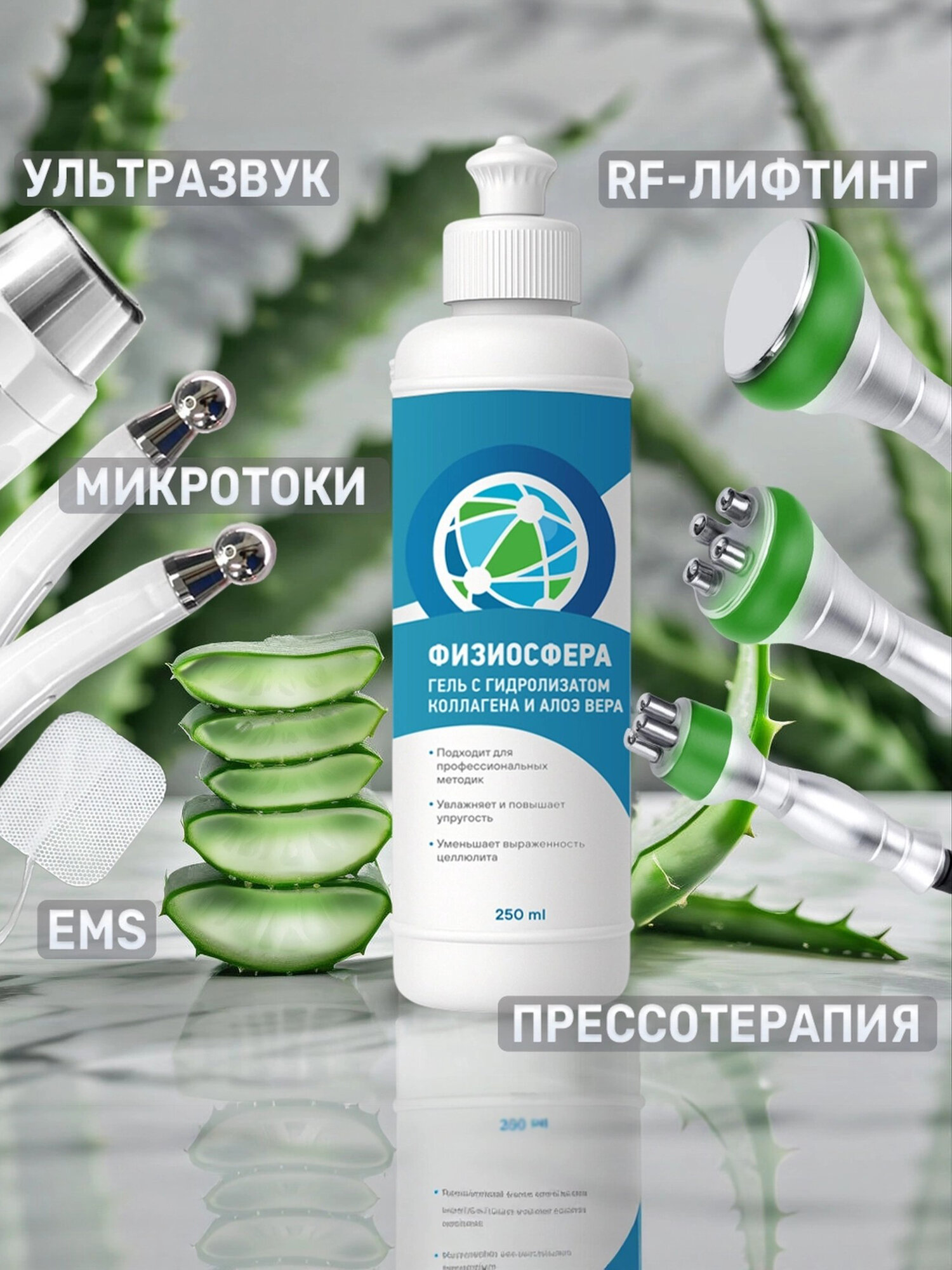 Физиосфера контактный гель с гидролизатом коллагена и алоэ вера для электропроцедур, аппаратной косметологии, rf лифтинга, 250 мл