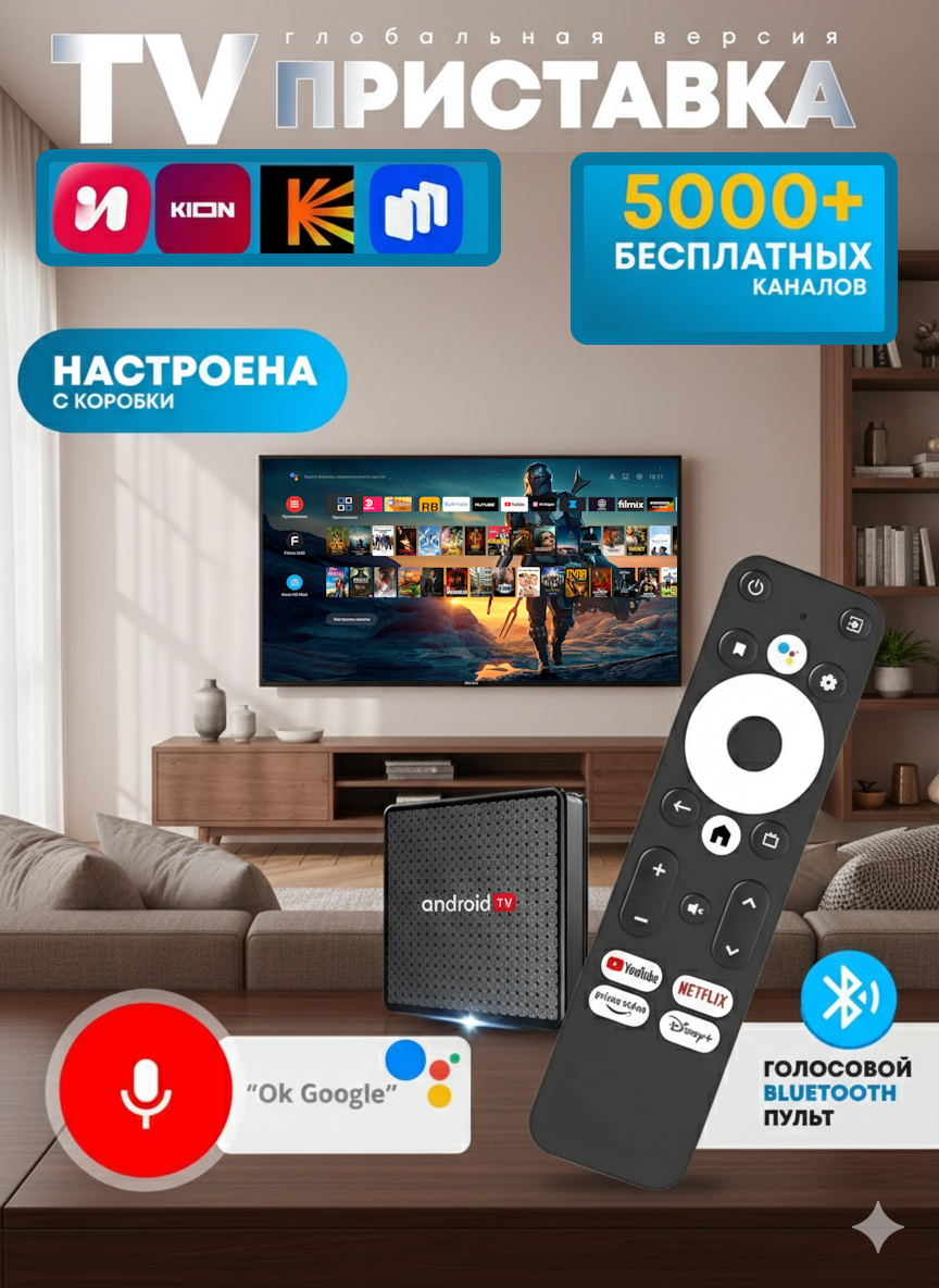 Смарт ТВ приставка для телевизора полностью готова к работе с коробки ! Bluetooth пульт голосовой , ТВ бокс медиаплеер прошивка Android TV Русская версия