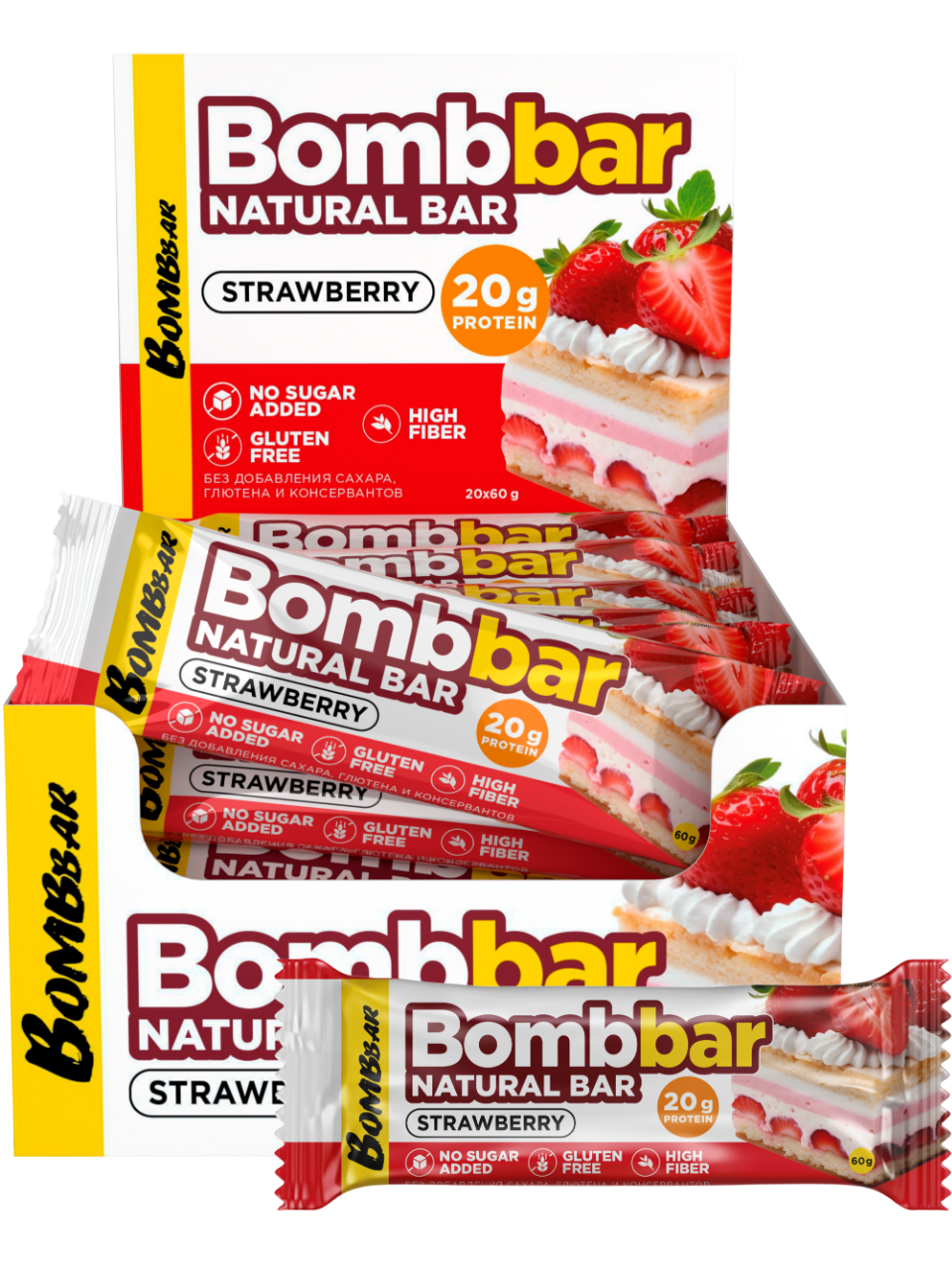 Протеиновый батончик BombBar Protein Bar 20 x 60 г, Клубника