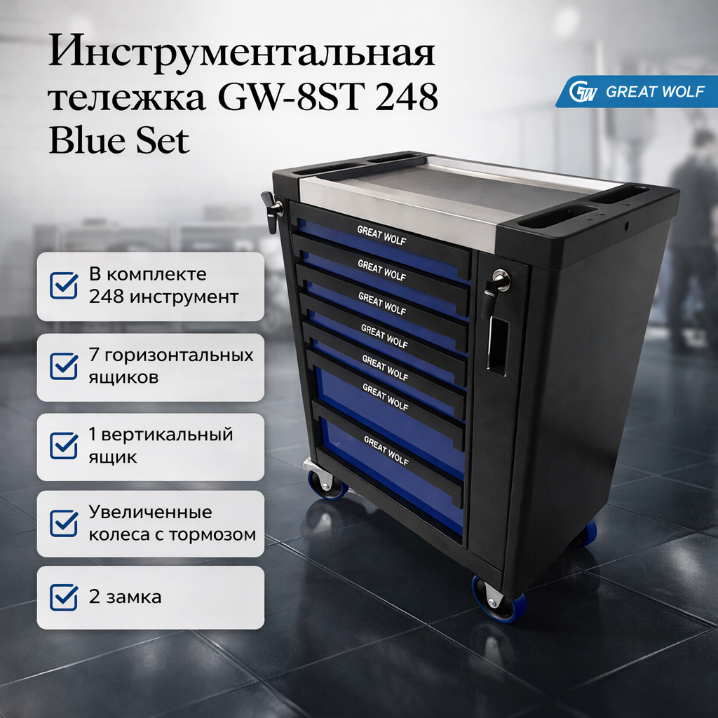 Инструментальная тележка GW-8ST Great Wolf 248, с инструментом, 8 ящиков