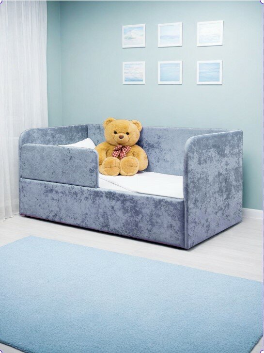 Кровать детская мягкая М-Стиль "Непоседа" 160х80 голубая, прямая, с защитным бортиком, кровать детская от 3 лет