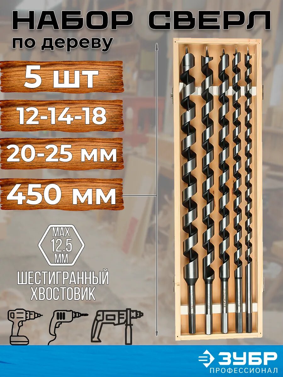 Набор сверл левиса по дереву винтовых 12-14-18-20-25мм 5 шт, ЗУБР