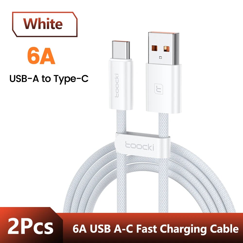 Toocki кабель USB-A to Type-C, 6A, 1m, белый, 2 шт.