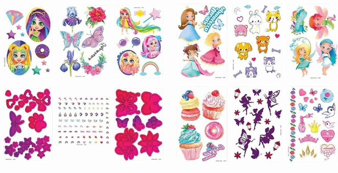 Переводные тату детские "Тату Феи" для девочек, наклейка-переводка на тело, временная татуировка для детей, набор 2 листа, в комплекте наклейки на ногти