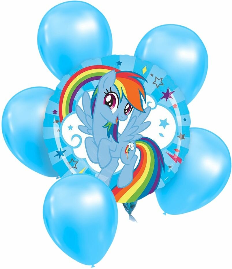 Воздушные латексные шары "Пони My Little Pony" без рисунка, надувной фольгированный шарик-круг с рисунком, надувные воздушные из фольги и латекса, набор 6 штук, цвет голубой
