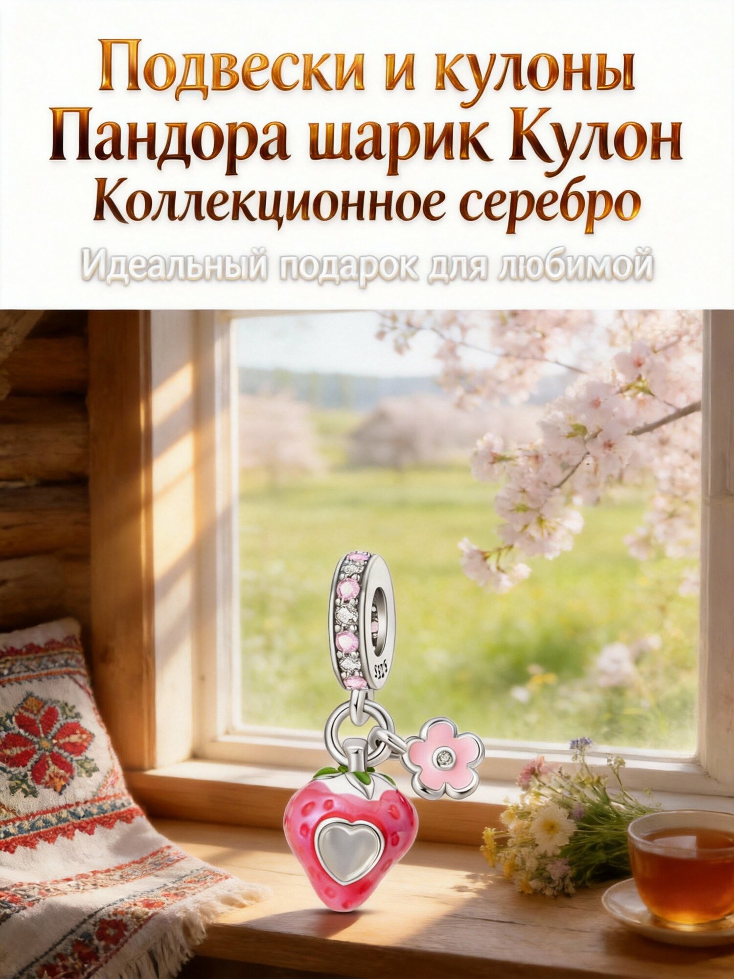 Подвеска-шарм PANDORA Клубничное сердце, кулон для браслета и колье