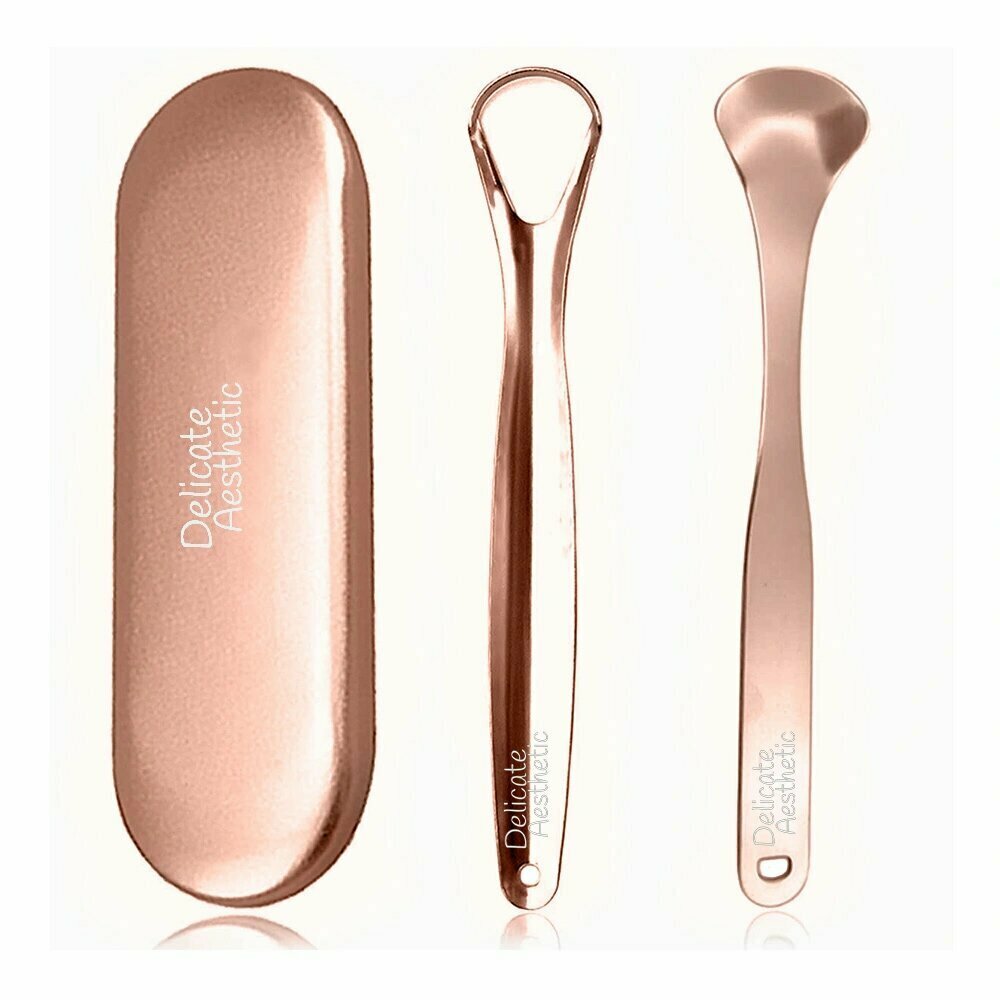 Набор скребков для чистки языка из медицинской нержавеющей стали. Цвет: золото. Комплект 3 шт + кейс. Эффективная очистка, сниженный рвотный рефлекс