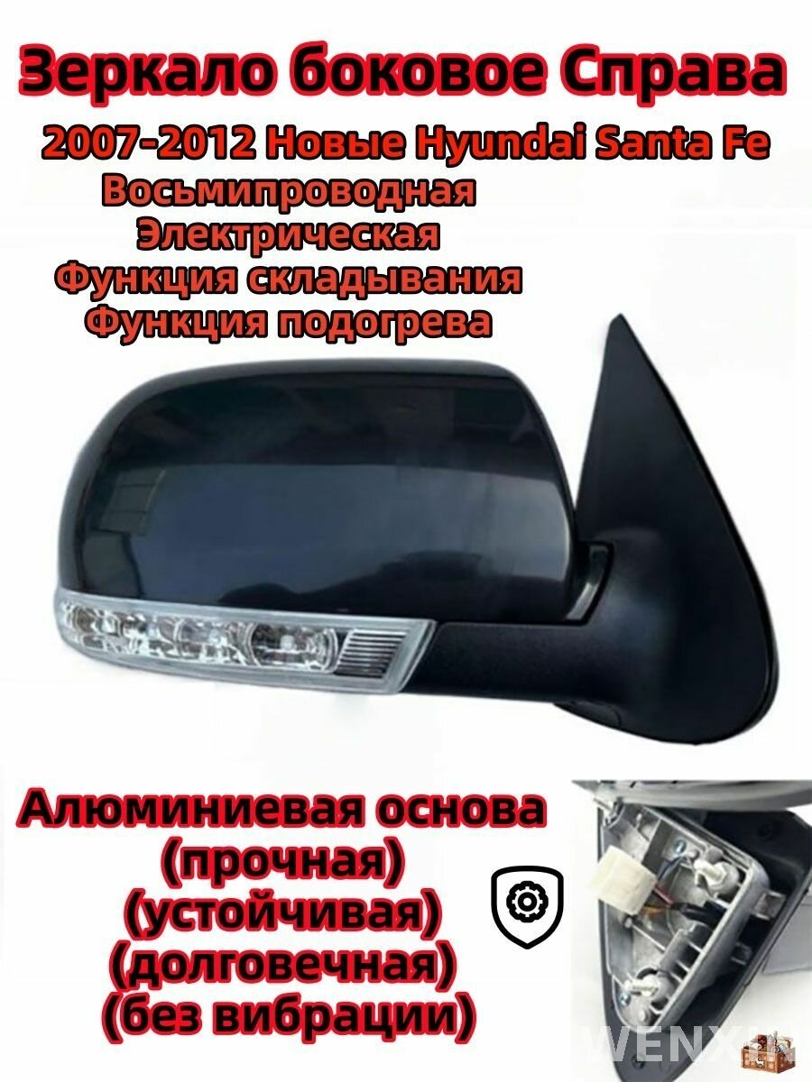 Правое боковое зеркало Hyundai Santa Fe II 2007-2012 с подогревом и электроприводом складывания, 8-pin, 876202B600