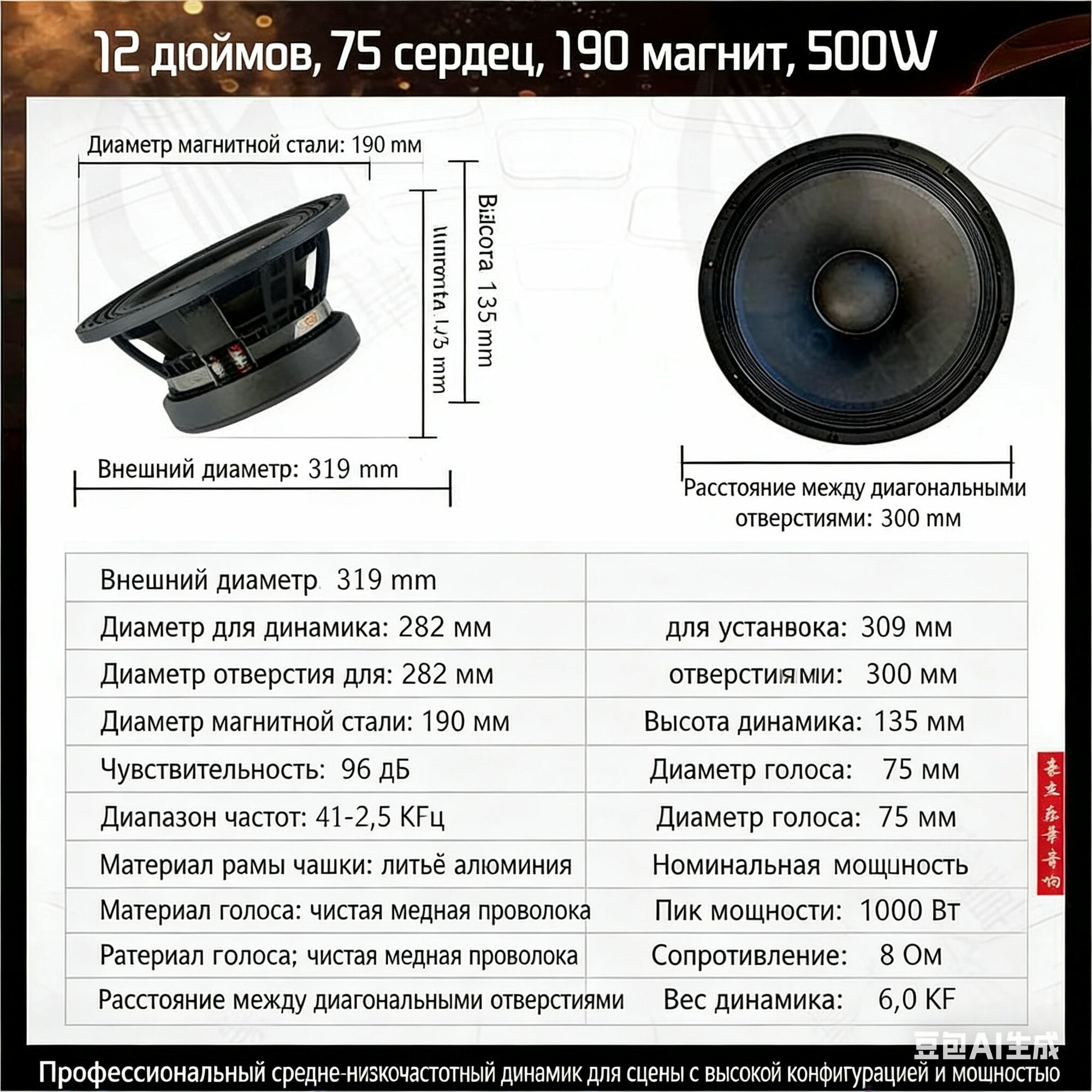 Потрясающий эффект баса, 12 дюймов, магнит 190 мм, катушка 75 мм, импортное качество, 1 шт.