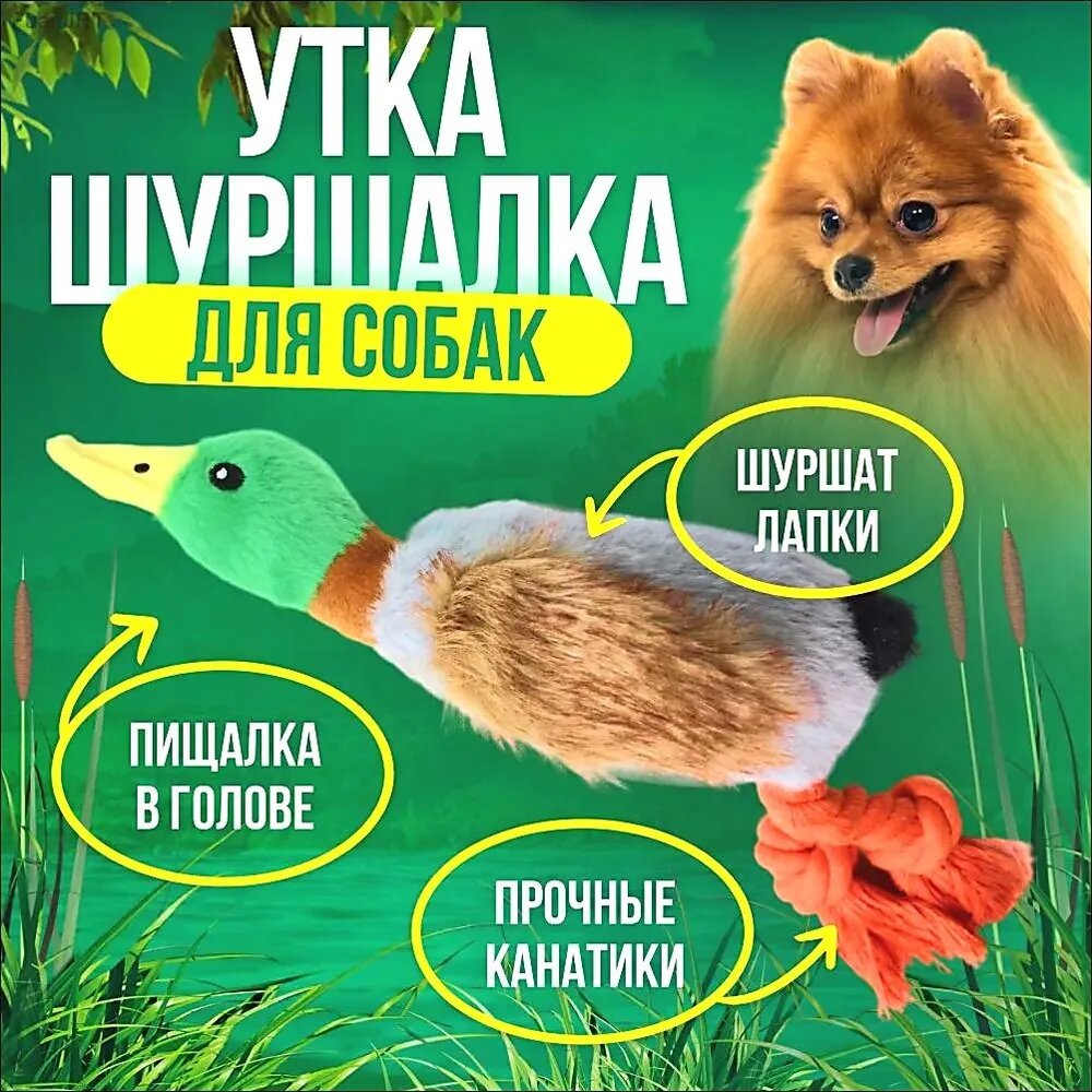 Игрушка для собак мелких, средних и крупных пород - "Утка" плюшевая шуршащая с пищалкой, с канатами