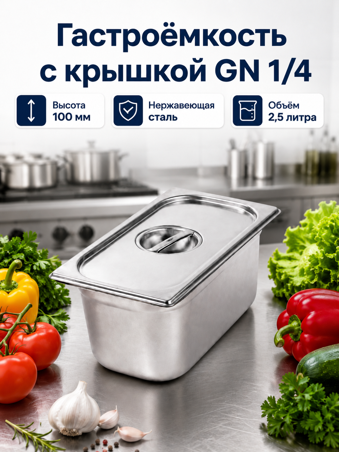 Гастроемкость GN 1/4 100 мм с крышкой, нержавеющая сталь