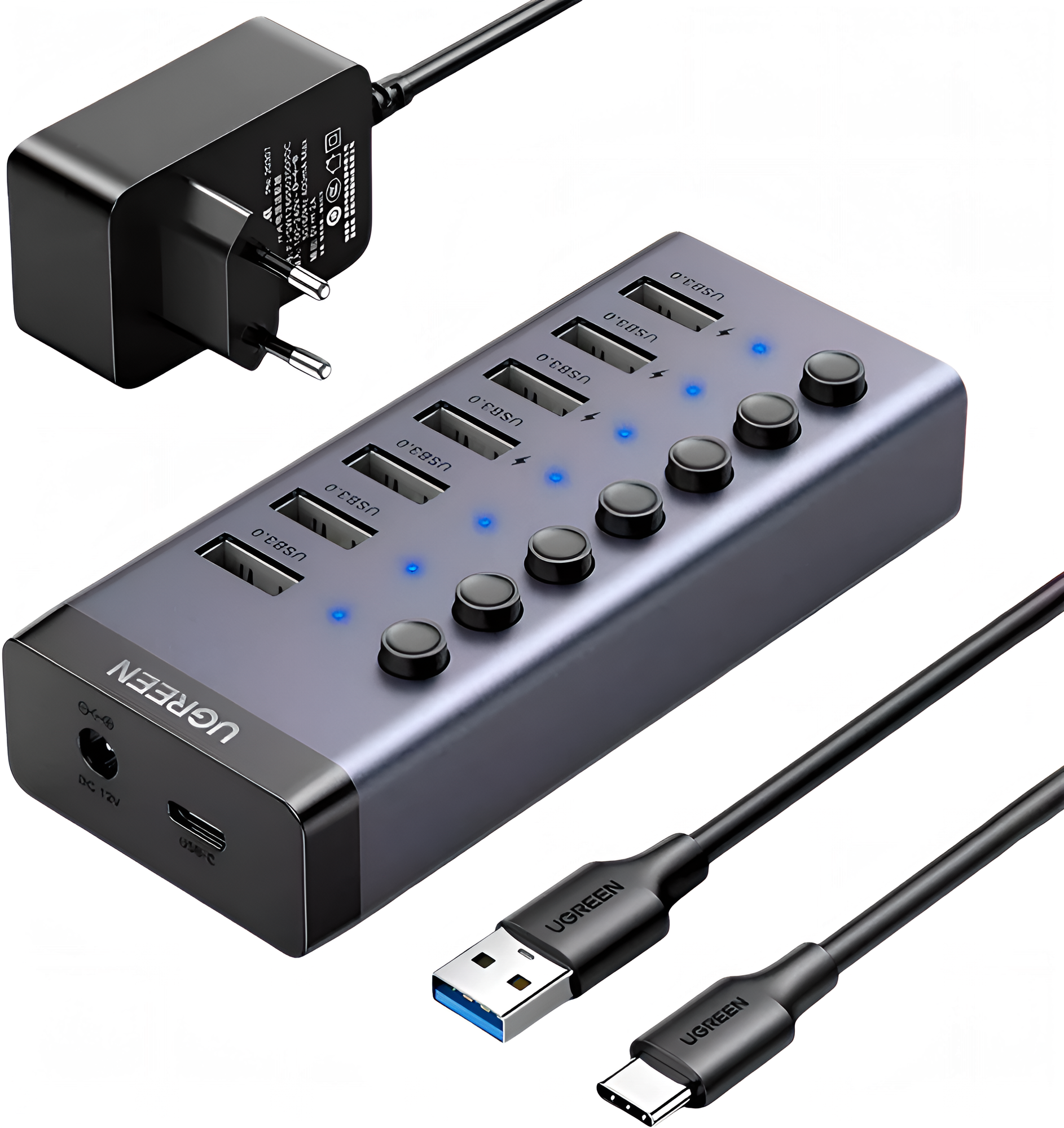 Хаб (разветвитель) UGREEN CM481, USB-C to 7-Port USB-A 3.0 Hub DC 12V EU. Цвет: черный