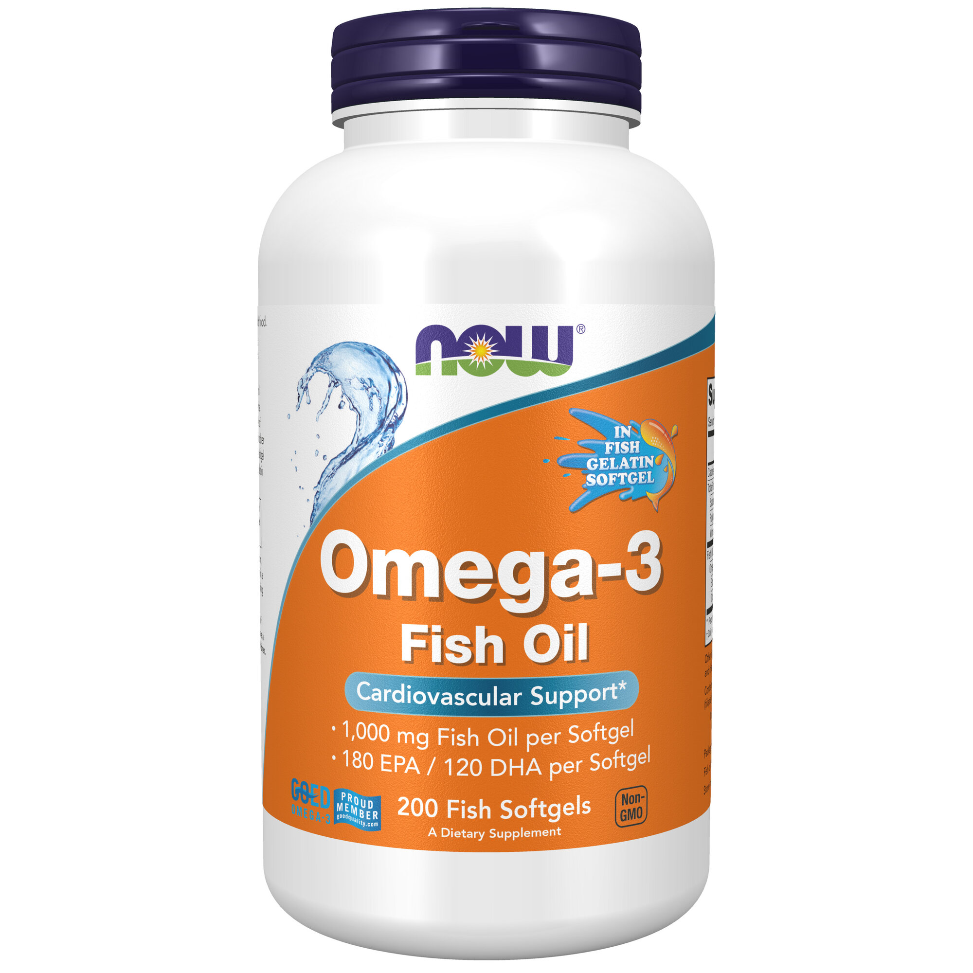 NOW Omega-3 Fish Oil, Омега 3, 200 капсул в рыбьем желатине, Рыбий жир, Витамины для сердца и сосудов, для иммунитета
