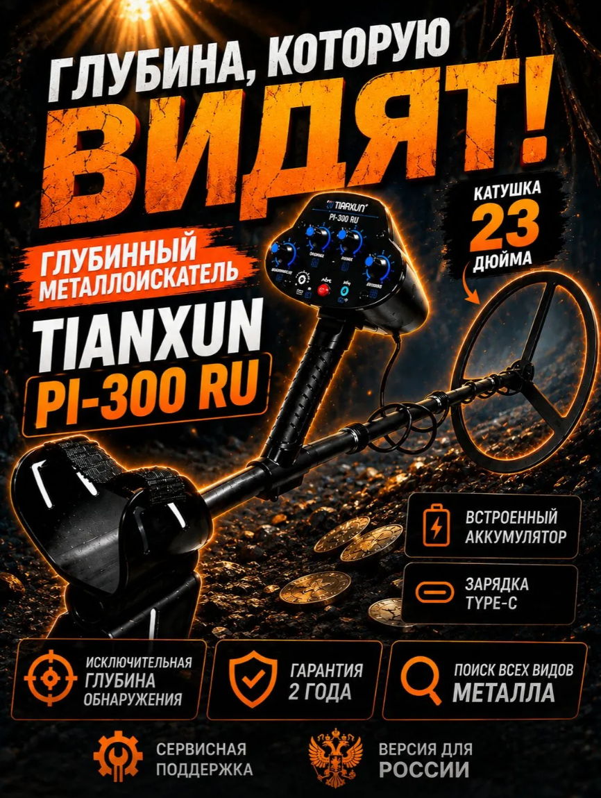 Глубинный металлоискатель Tianxun PI300 RU, импульсный, с мощной катушкой 23 дюйма (58 см)
