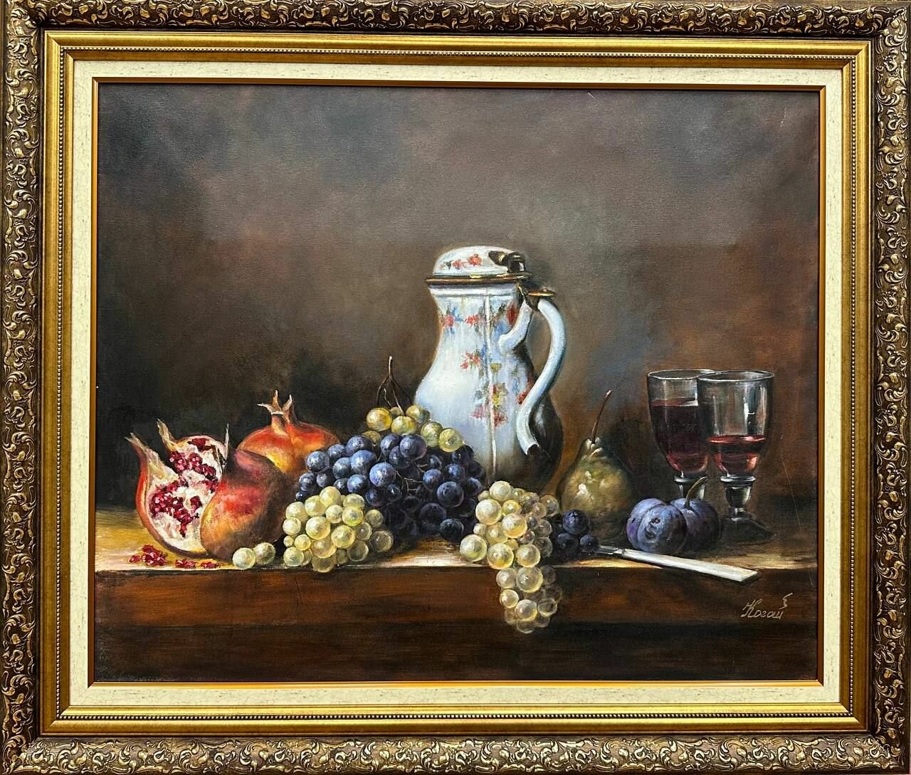 Картина маслом "Натюрморт с кувшином и виноградом". Холст/Масло. Размер 66х80. Автор Жанна Когай.